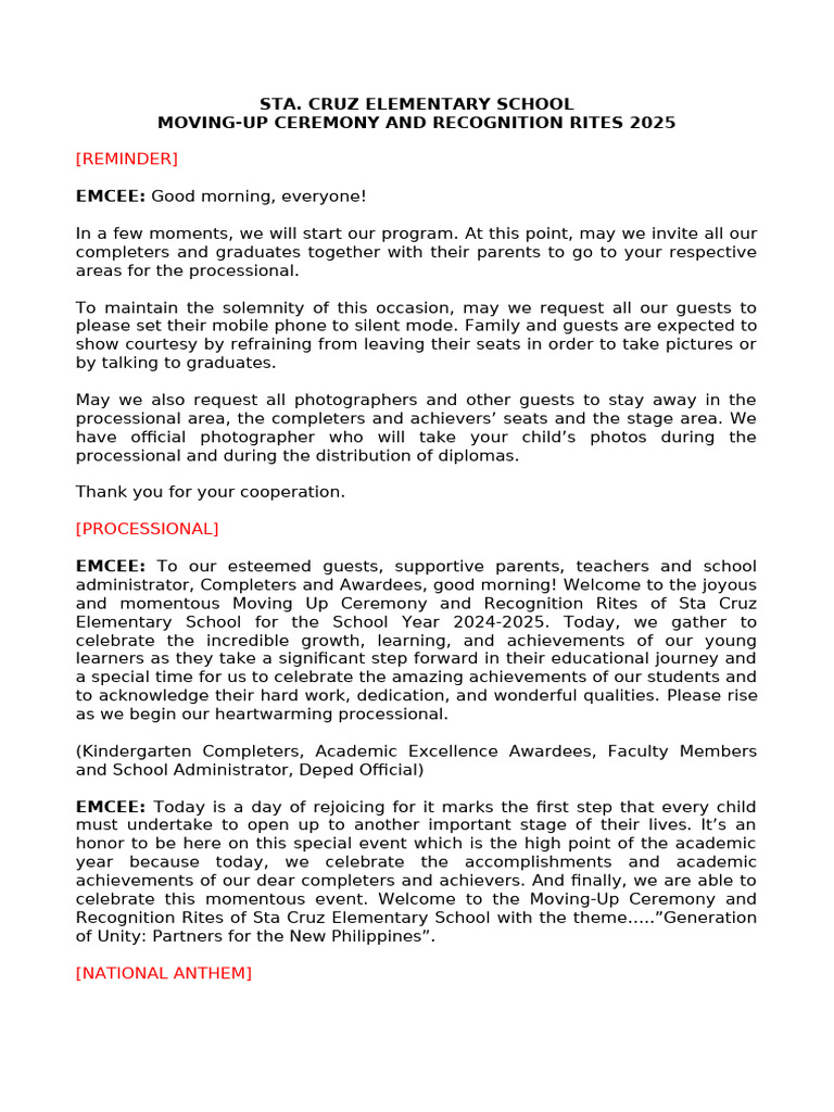 Sta. Cruz Elementary Moving Up Ceremony 2025 | PDF