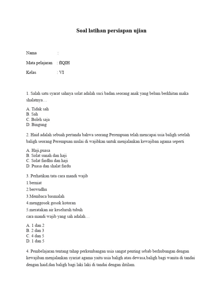 Soal Latihan Persiapan Ujian Kelas 6 Fiqih | PDF
