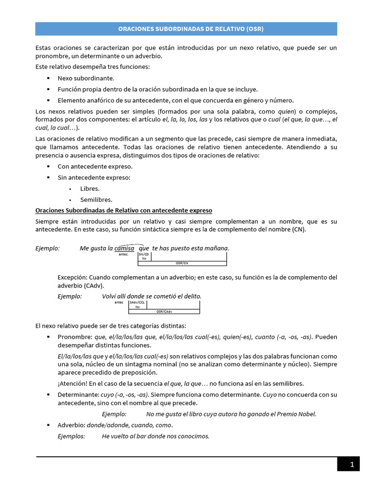 Oraciones Subordinadas de Relativo | PDF | Pronombre | Oración ...