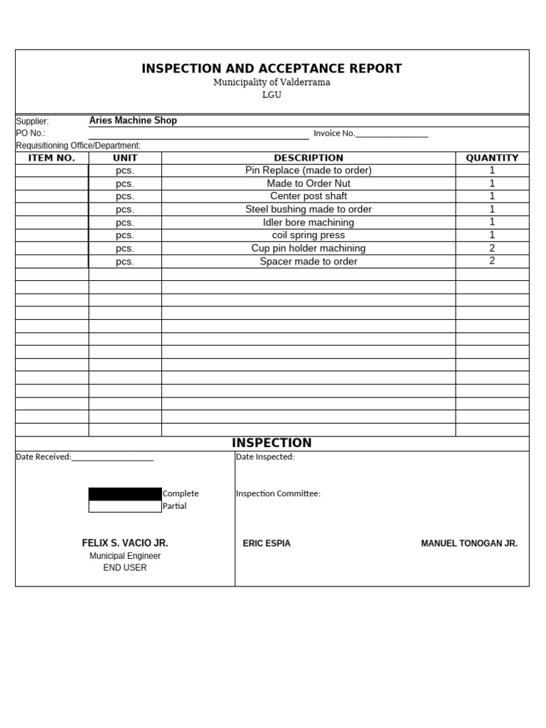 Acceptance & Inspection Report | PDF