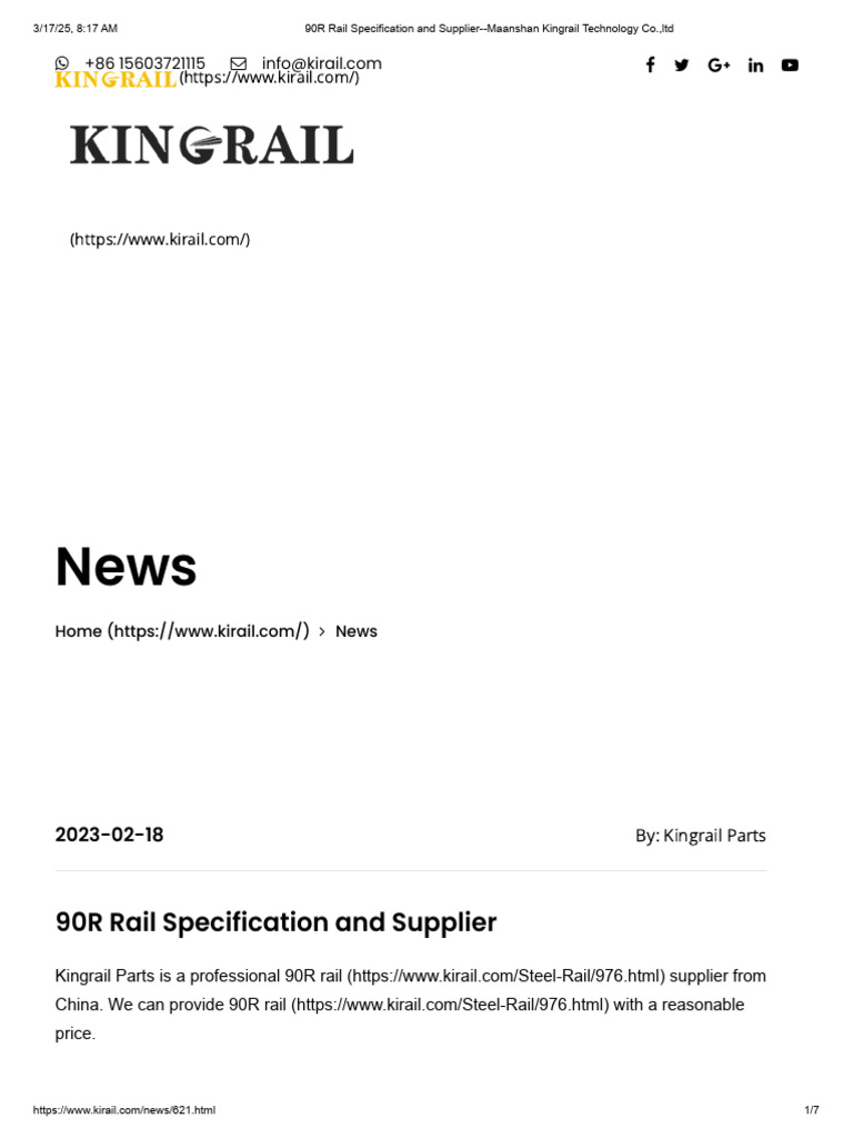 90R Rail Specification and Supplier - Maanshan Kingrail Technology Co ...