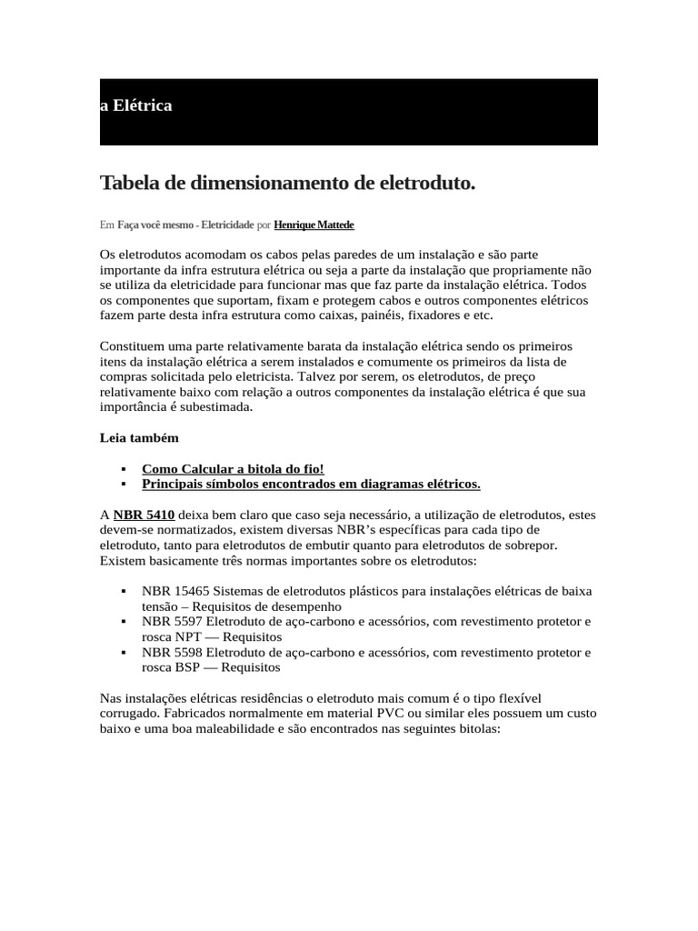 Tabela de Dimensionamento de Eletroduto | PDF | Tabela (banco de dados ...