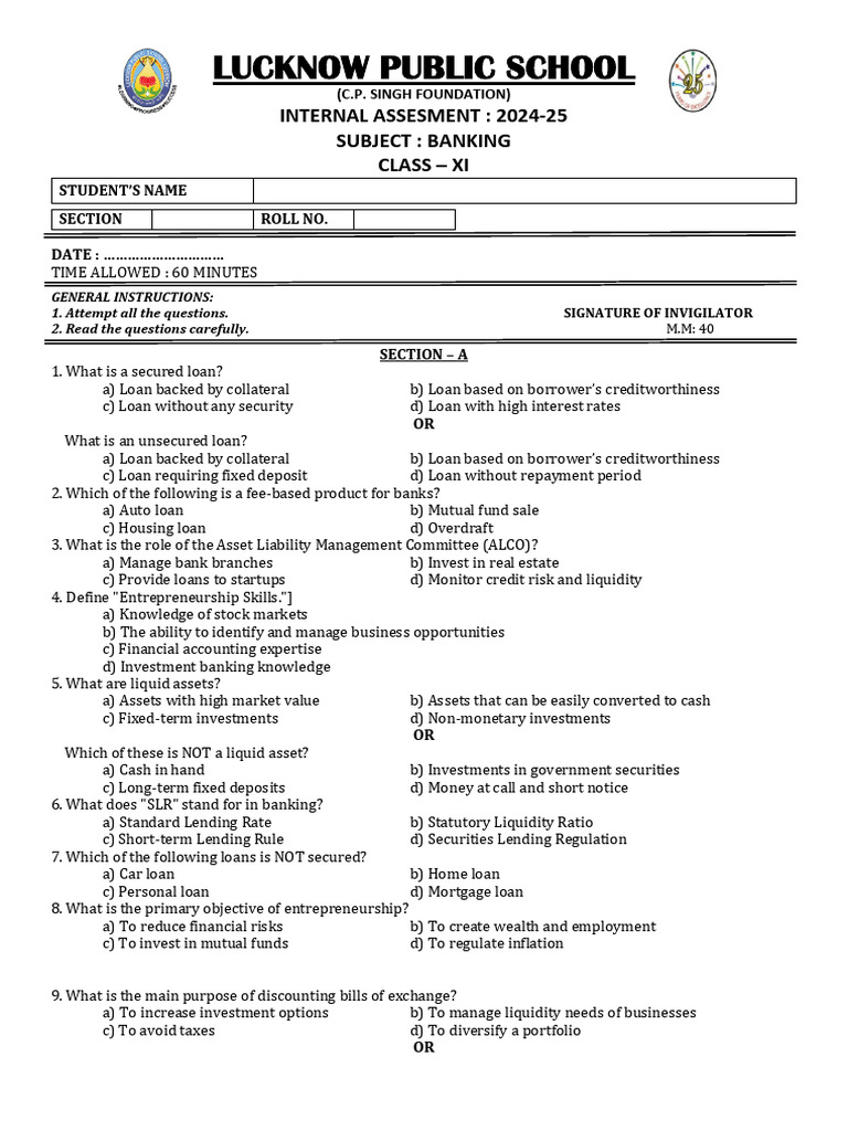 Banking Xi Practical QP 2024 25 | PDF | Loans | Banks
