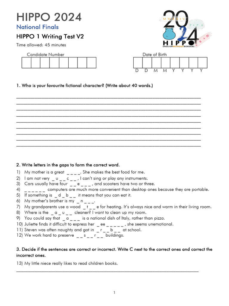 HIPPO 2024 Writing Test Overview | PDF