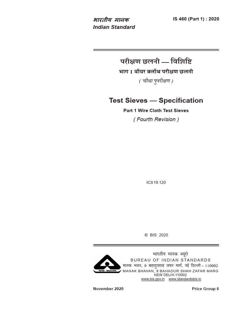 Indian Standard for Wire Cloth Test Sieves | PDF | Engineering ...