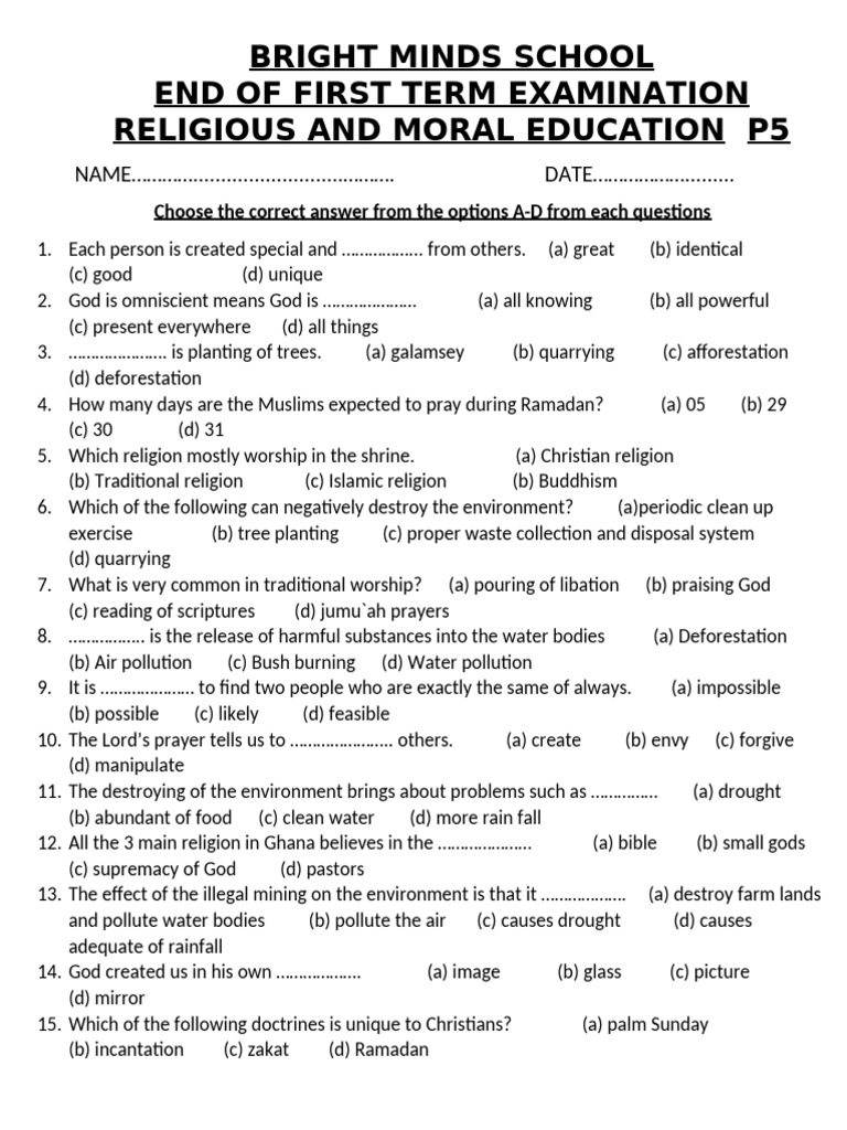 Basic 5 Rme 1ST Term Exam | PDF