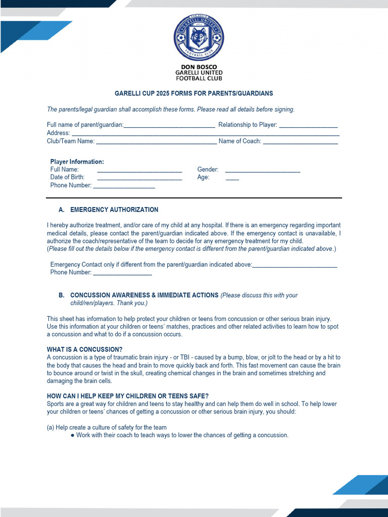 Forms For Parents GC 2025 | PDF | Concussion | Informed Consent
