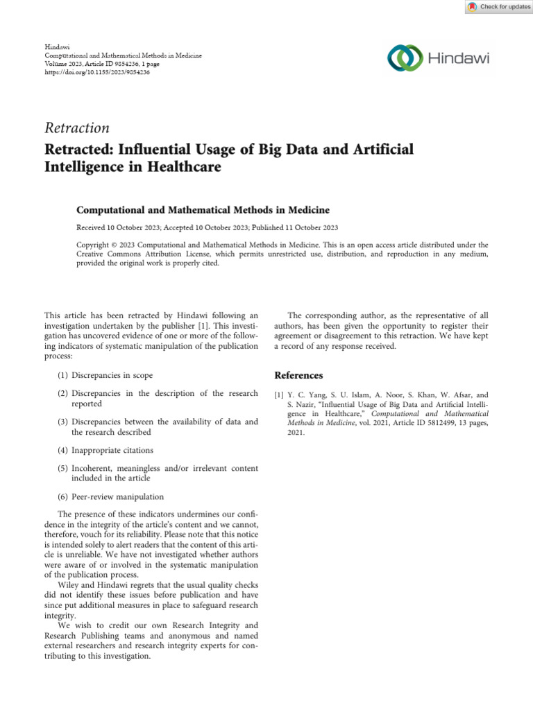 Computational and Mathematical Methods in Medicine - 2021 - Yang - Retracted Influential Usage ...