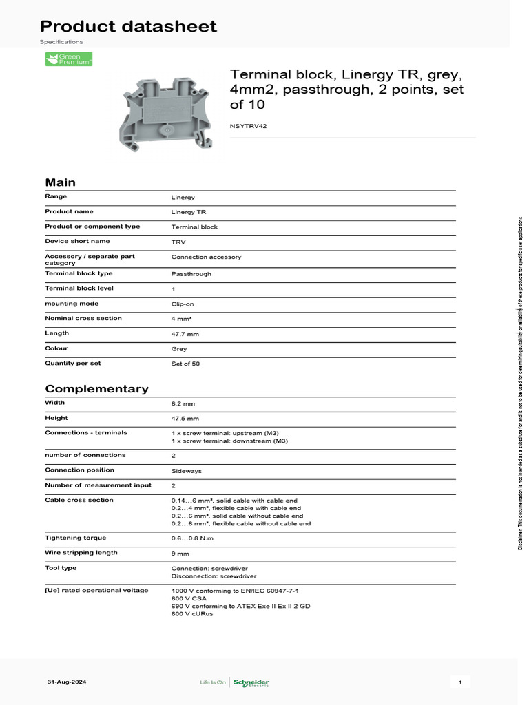 Linergy TR Terminal Block NSYTRV42 | PDF | Manufactured Goods | Electricity