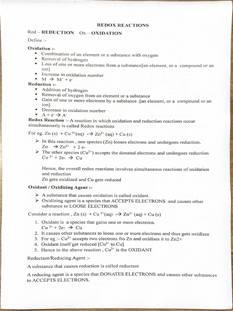 Redox Reactions Notes | PDF