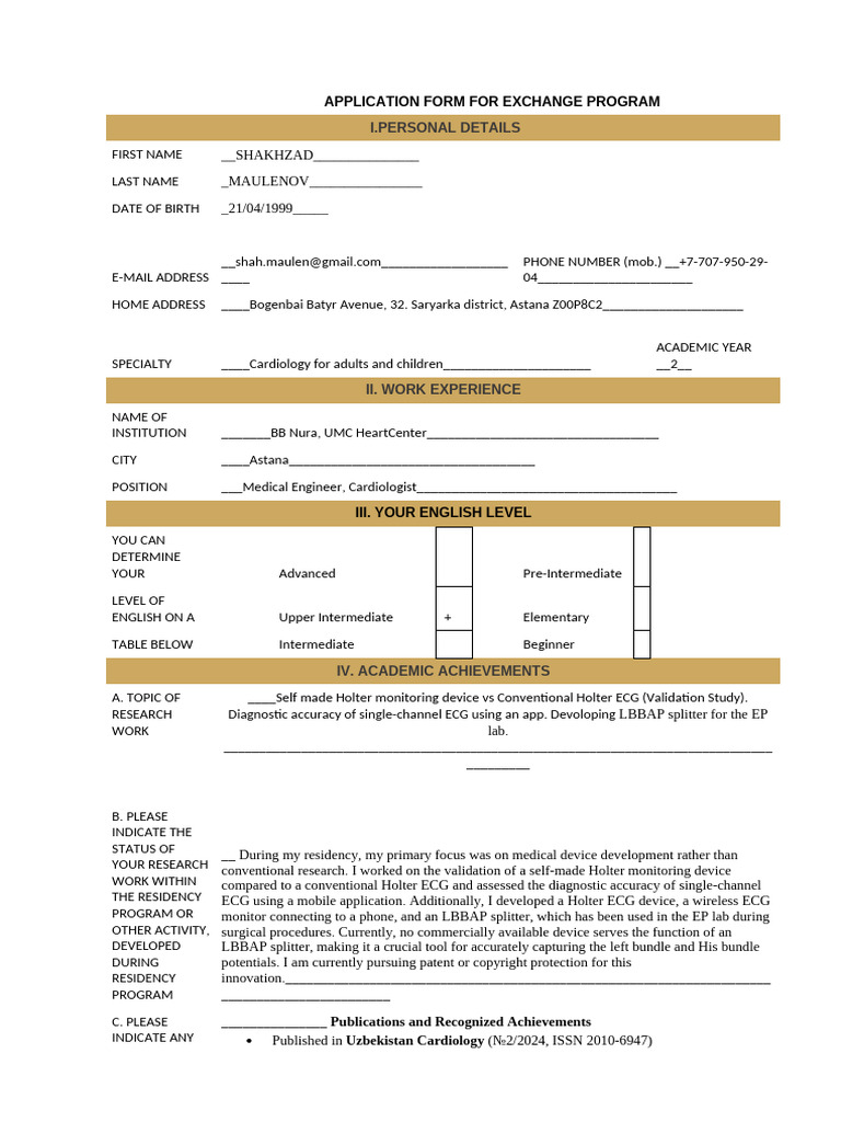 APPLICATION FORM FROM Maulenov | PDF | Cardiac Electrophysiology ...