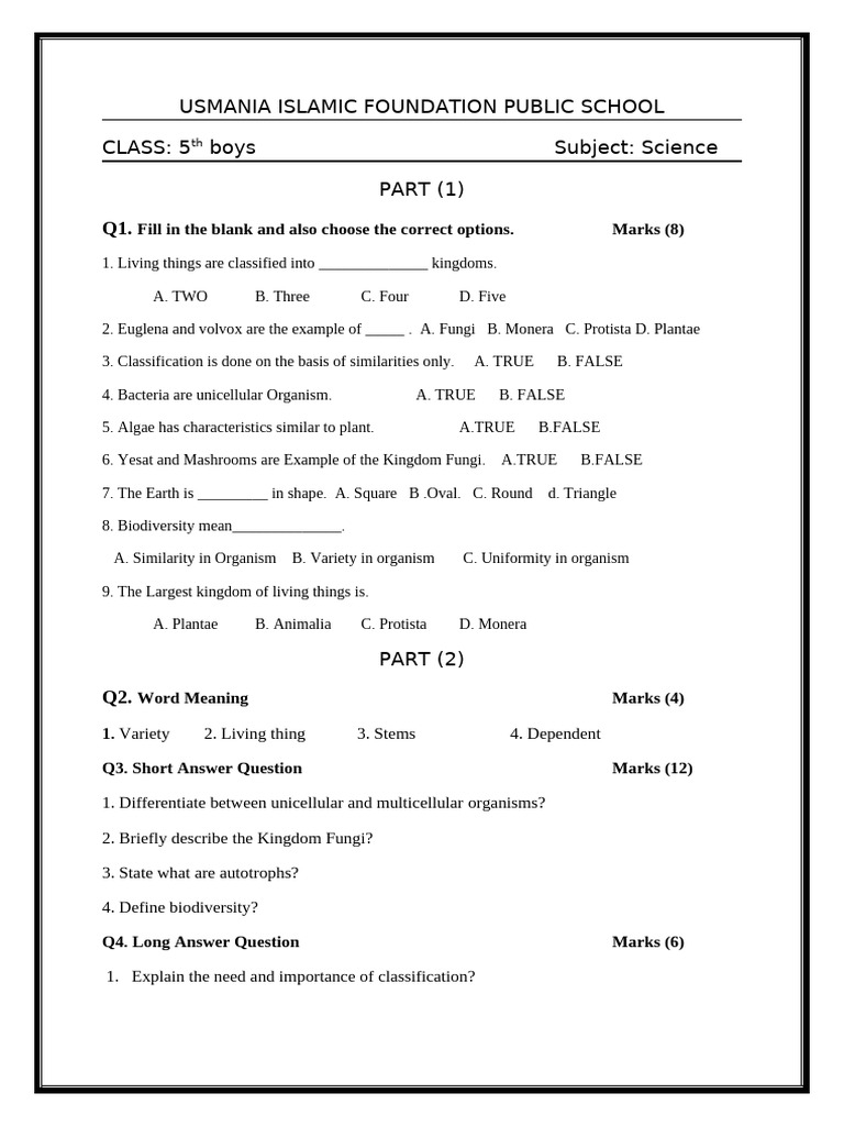 Monthly Test Class 5 Boys Month March Science | PDF