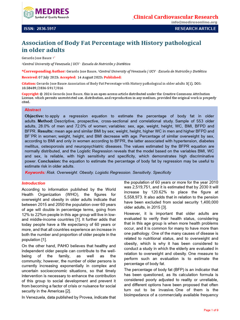 Association of Body Fat Percentage With History Pathological in Older ...