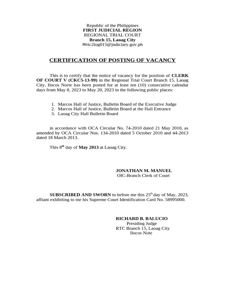 Certification of Posting of Vacancy - COC | PDF | Political Law ...