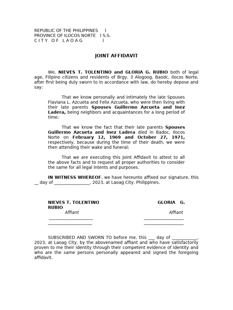 JOINT AFFIDAVIT OF TWO DISINTERESTED PERSONS (New) | PDF | Affidavit | Evidence