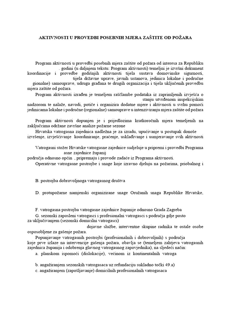 Program Aktivnosti u Provedbi Posebnih Mjera Zaštite Od Požara Od Interesa Za Republiku Hrvatsku ...