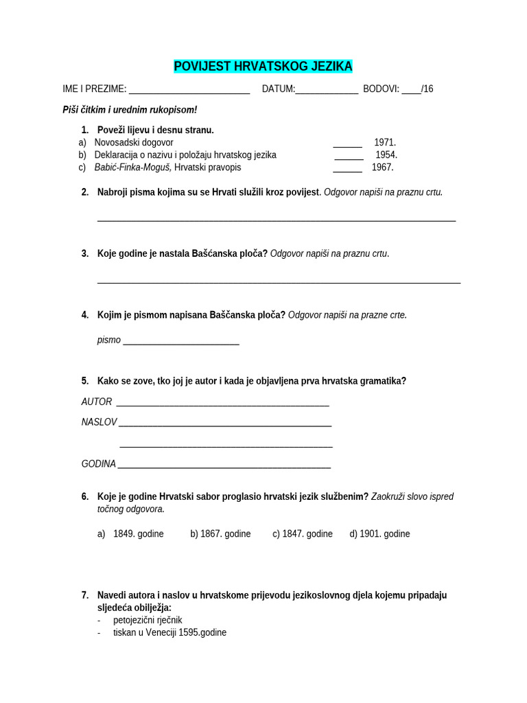 Ispit-Povijest Hrvatskog Jezika 7.r. - PP | PDF
