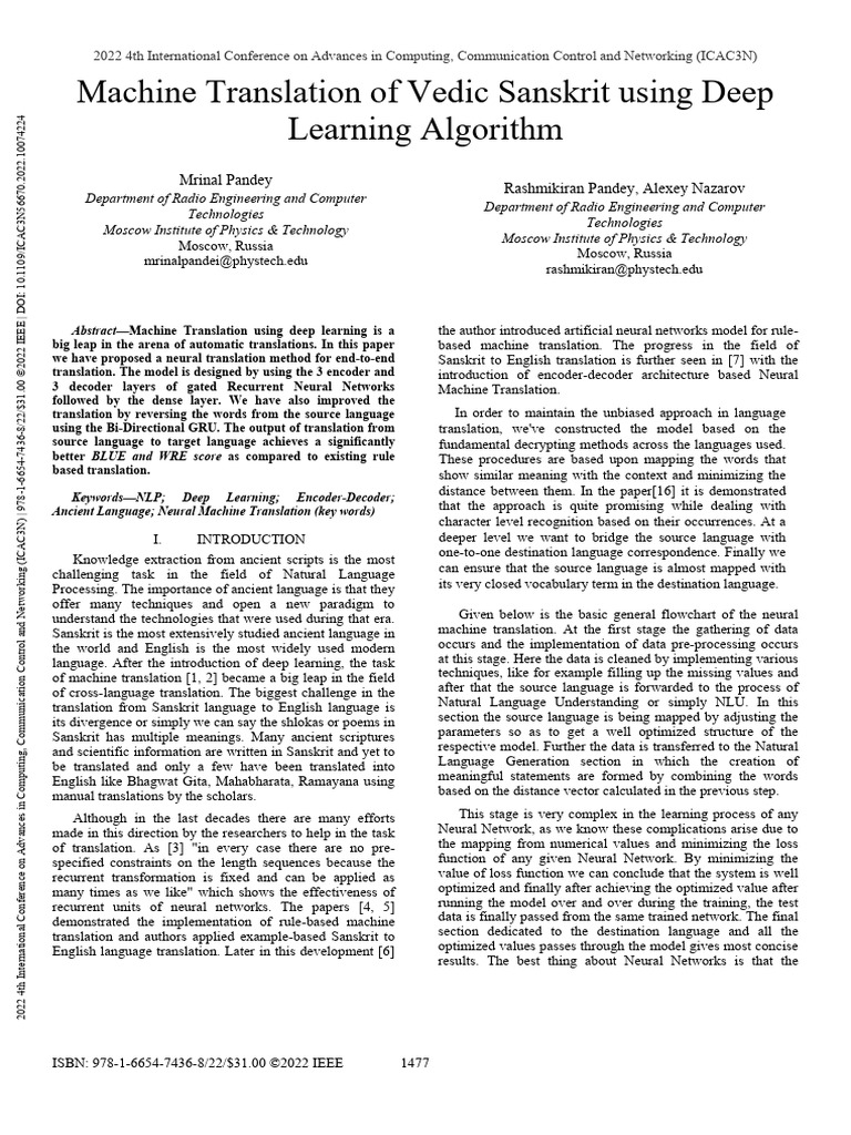 Machine Translation of Vedic Sanskrit Using Deep Learning Algorithm | PDF | Deep Learning | Learning