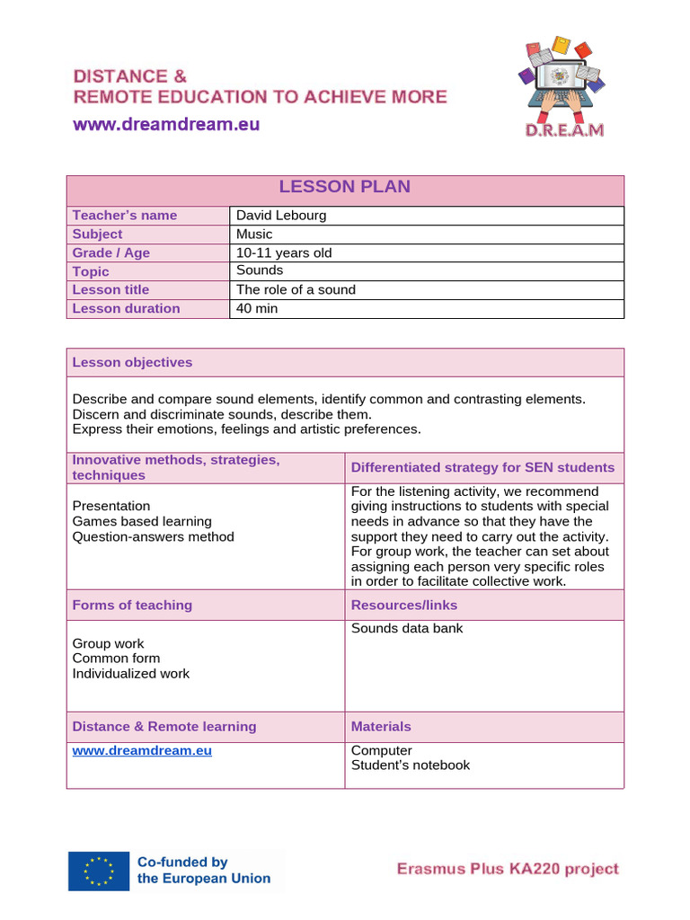 Lesson Plan D.R.E.A.M-Sounds 10-11 | PDF | Lesson Plan | Sound