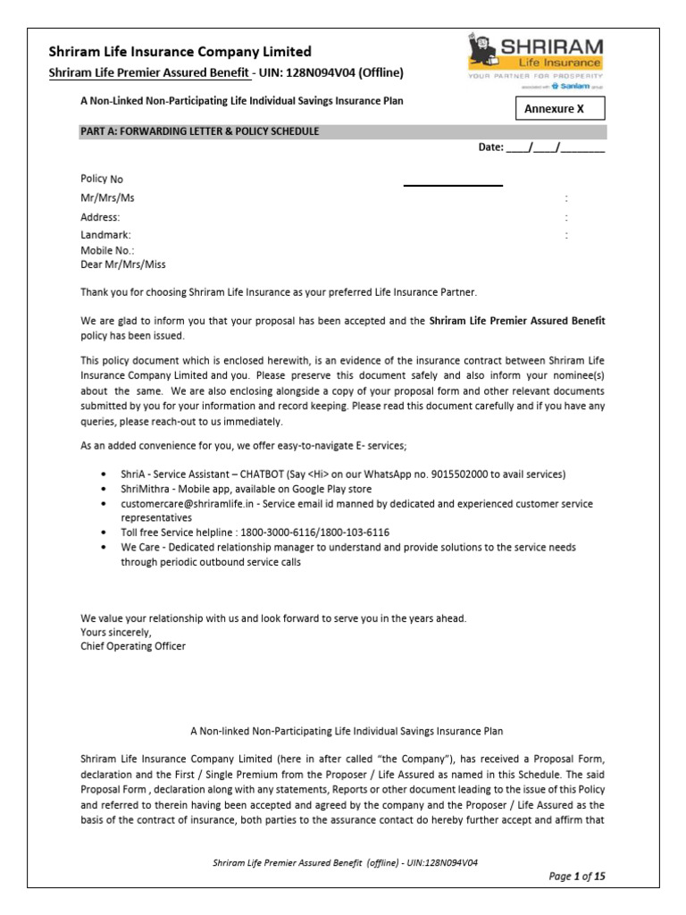 Shriram Life Premier Assured Benefit Policy | PDF | Insurance | Life ...
