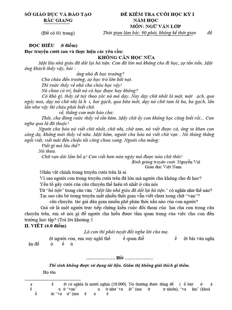 De Kiem Tra Cuoi Hoc Ky 1 Ngu Van 8 Nam 2024 2025 So GDDT Bac Giang | PDF