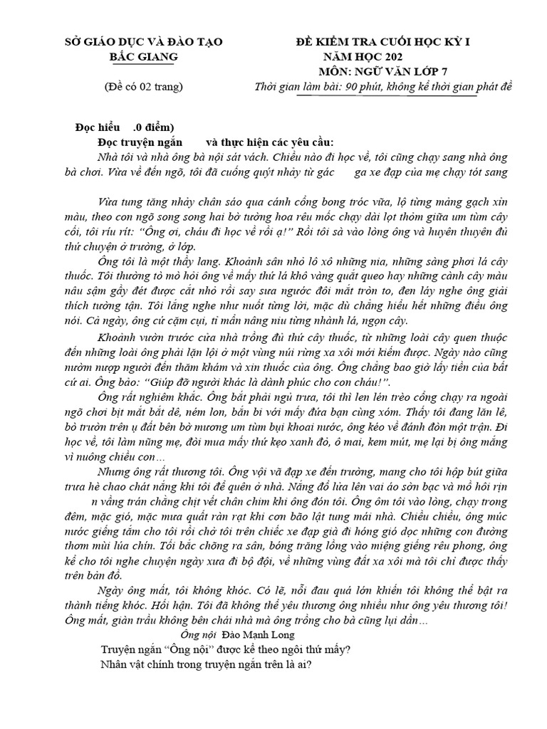 De Kiem Tra Cuoi Hoc Ky 1 Ngu Van 7 Nam 2024 2025 So GDDT Bac Giang | PDF