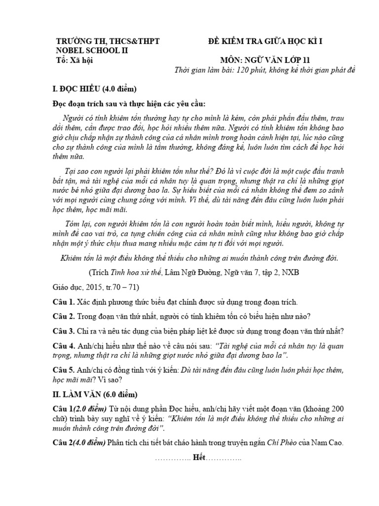 De Kiem Tra Giua Hoc Ki 1 Ngu Van 11 Truong TH THCSTHPT Nobel School II | PDF