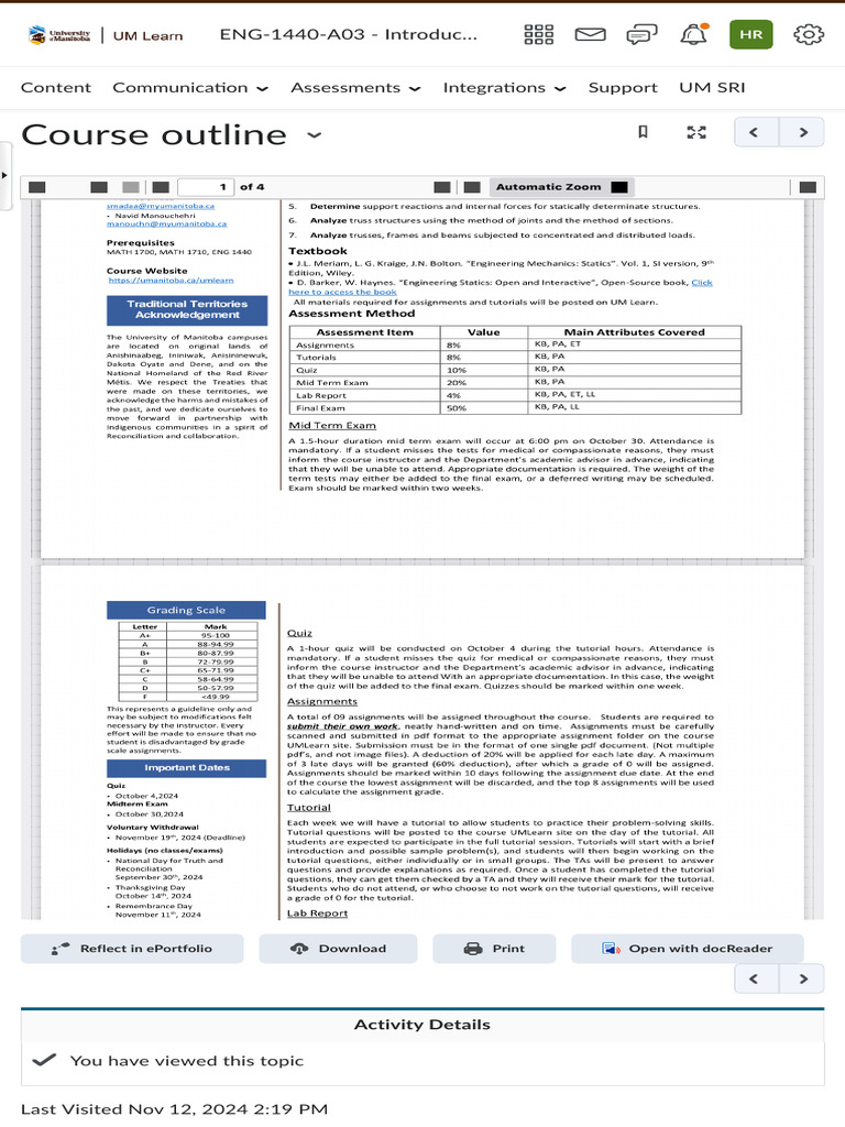 Course Outline - EnG-1440-A03 - Introduction To Statics | PDF