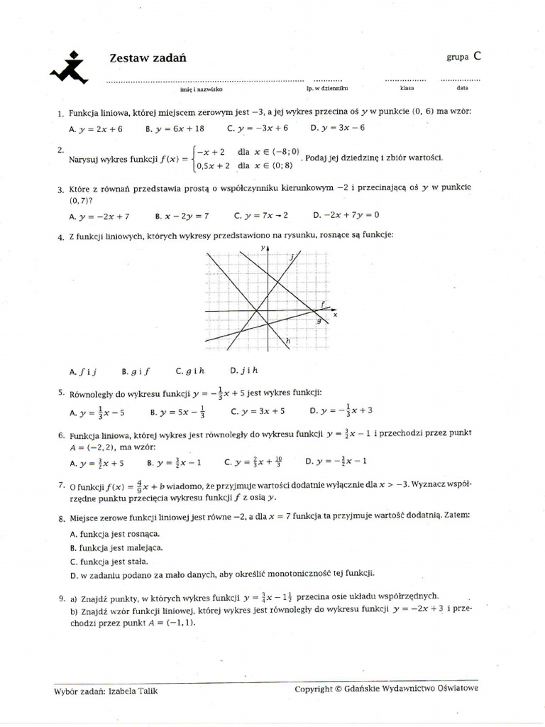 Funkcja Liniowa - Zadanie Domowe | PDF