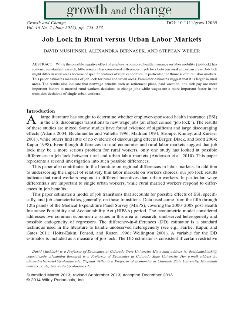 Job Lock in Rural versus Urban Labor Markets | PDF | Labour Economics ...