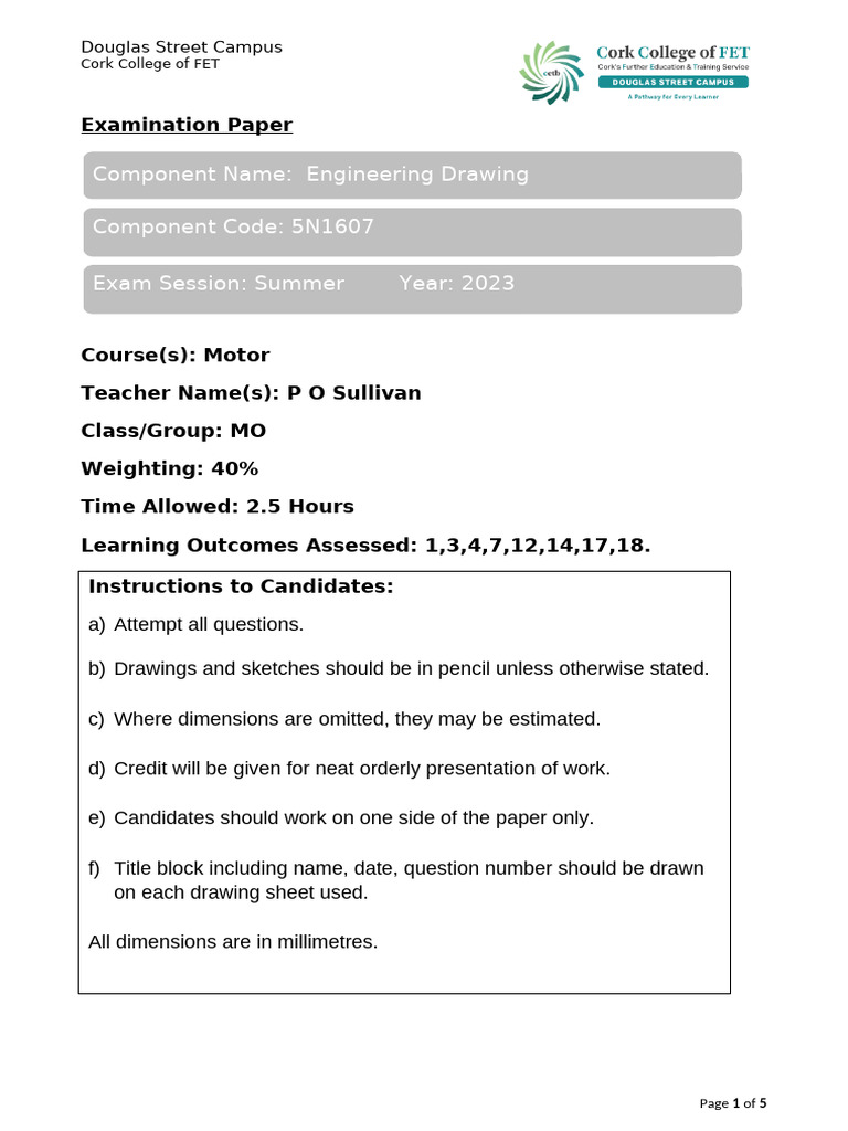 Engineering Drawing Exam Paper 2023 | PDF | Mechanical Engineering ...