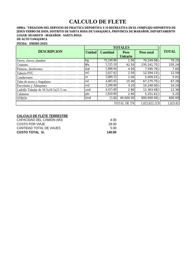 Calculo de Flete Yanajanca | PDF