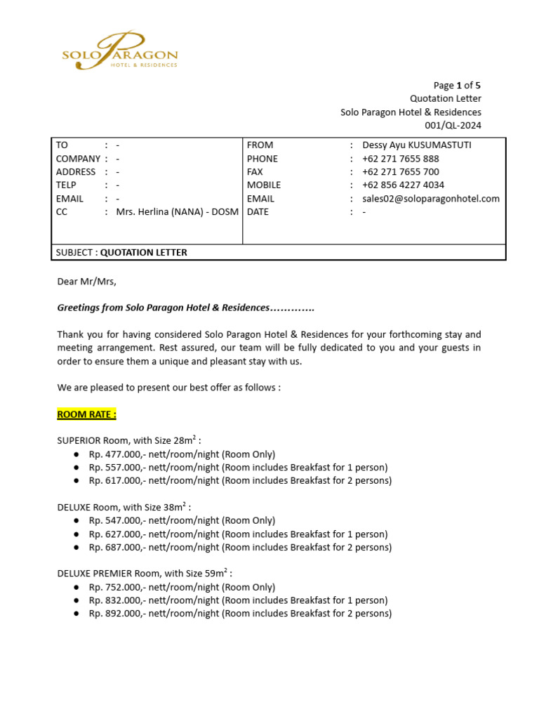 Solo Paragon Hotel Quotation 2024 | PDF