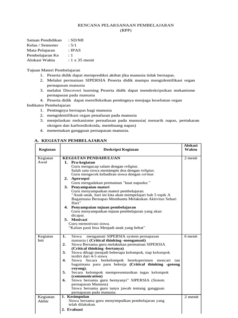 RPP Ipas Kelas 5 Smt 2 | PDF