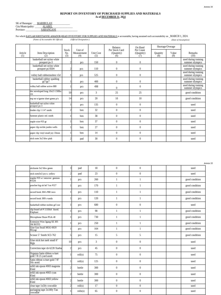 Inventory Report for SK Maribulan | PDF