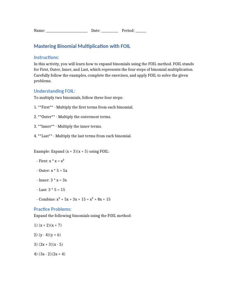 Binomial - FOIL - Worksheet - Monday | PDF