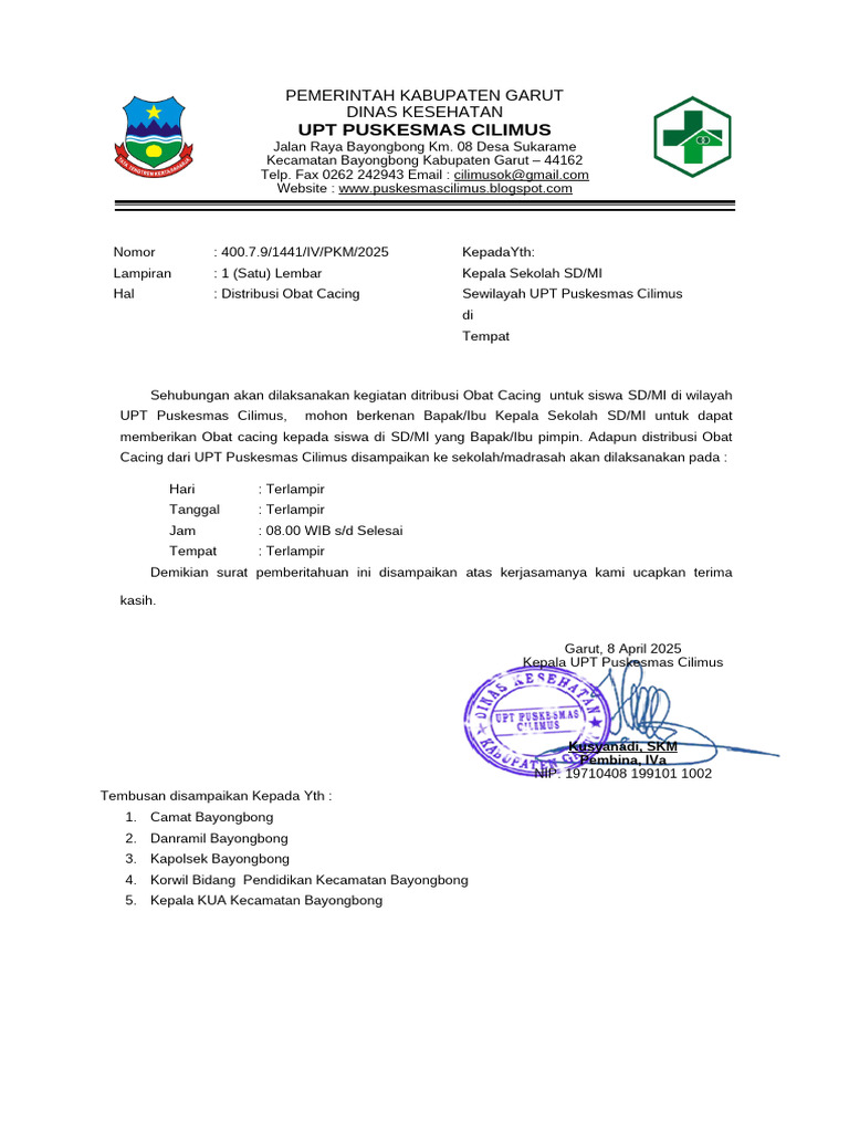 Surat Pemberitahuan Distribusi Obat Cacing | PDF