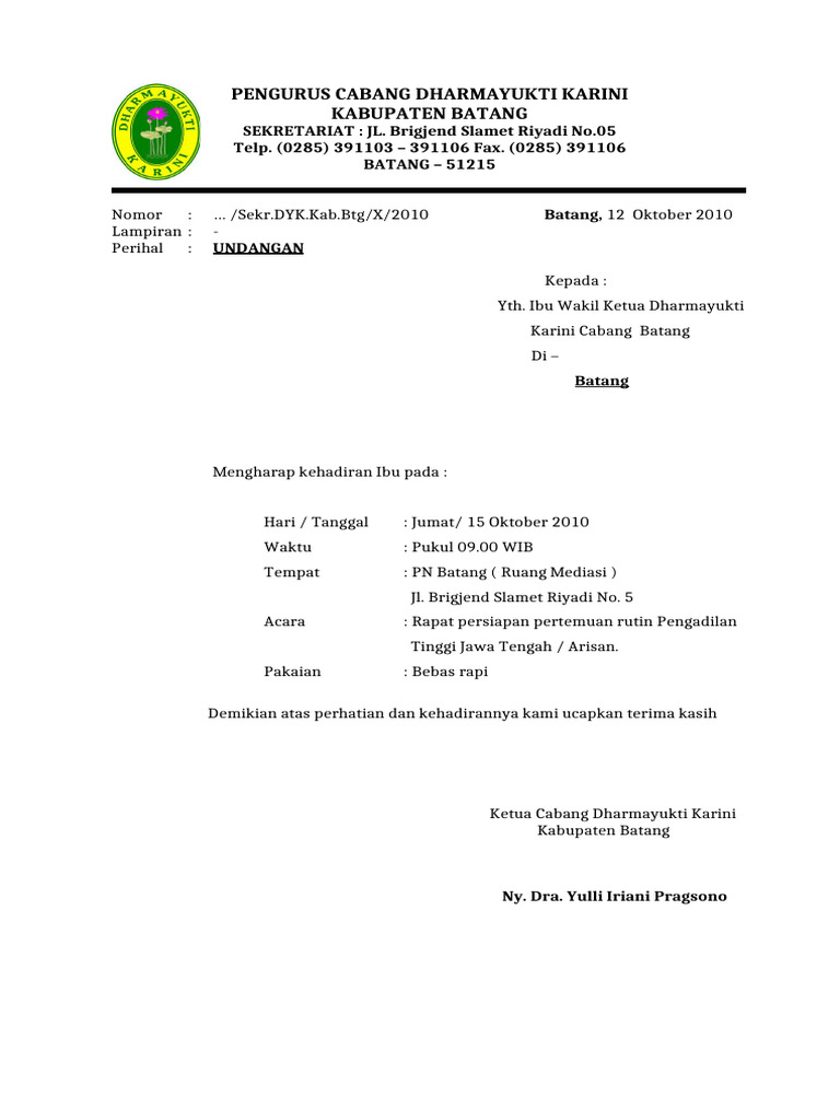 Undangan Pertemuan Dharmayukti Karini Kabupaten Batang | PDF