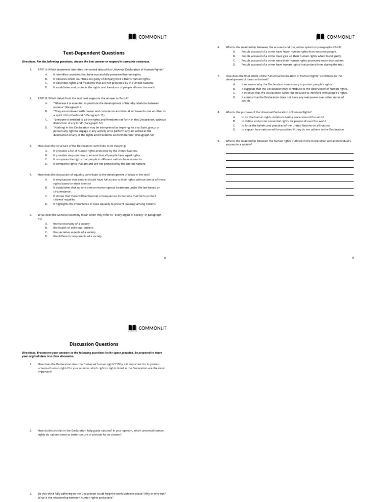 Udhr Commonlit Questions | PDF | Human Rights | Rights