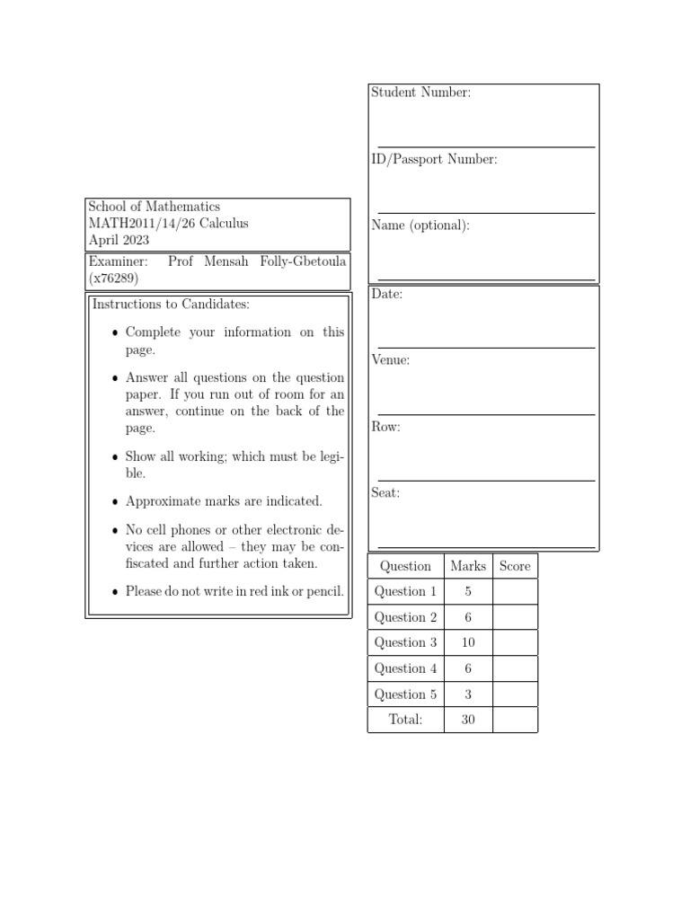 Calculus Test 1 April 2023 | PDF | Mathematical Analysis | Linear Algebra