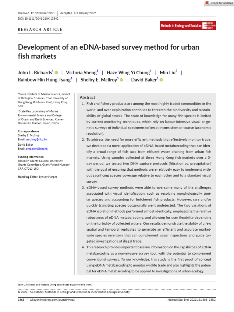 Methods Ecol Evol - 2022 - Richards - Development of An EDNA Based Survey Method For Urban Fish ...