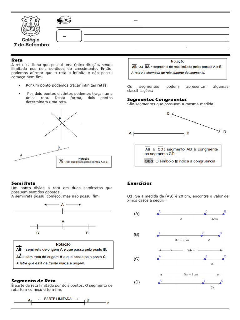 TD 01 - Segmentos - 8 Ano 1000-1 | PDF | Linha (Geometria) | Geometria Clássica