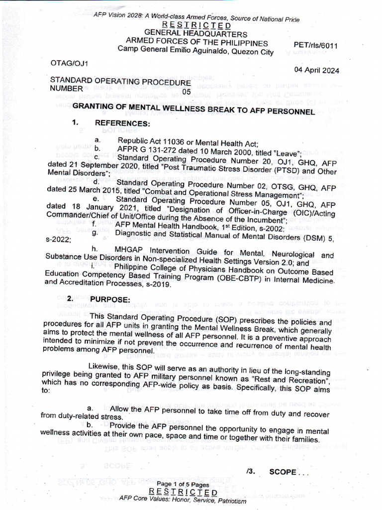 Sop 5 Granting Mental Wellness Break To Afp Pers - 240415 - 113827 | PDF