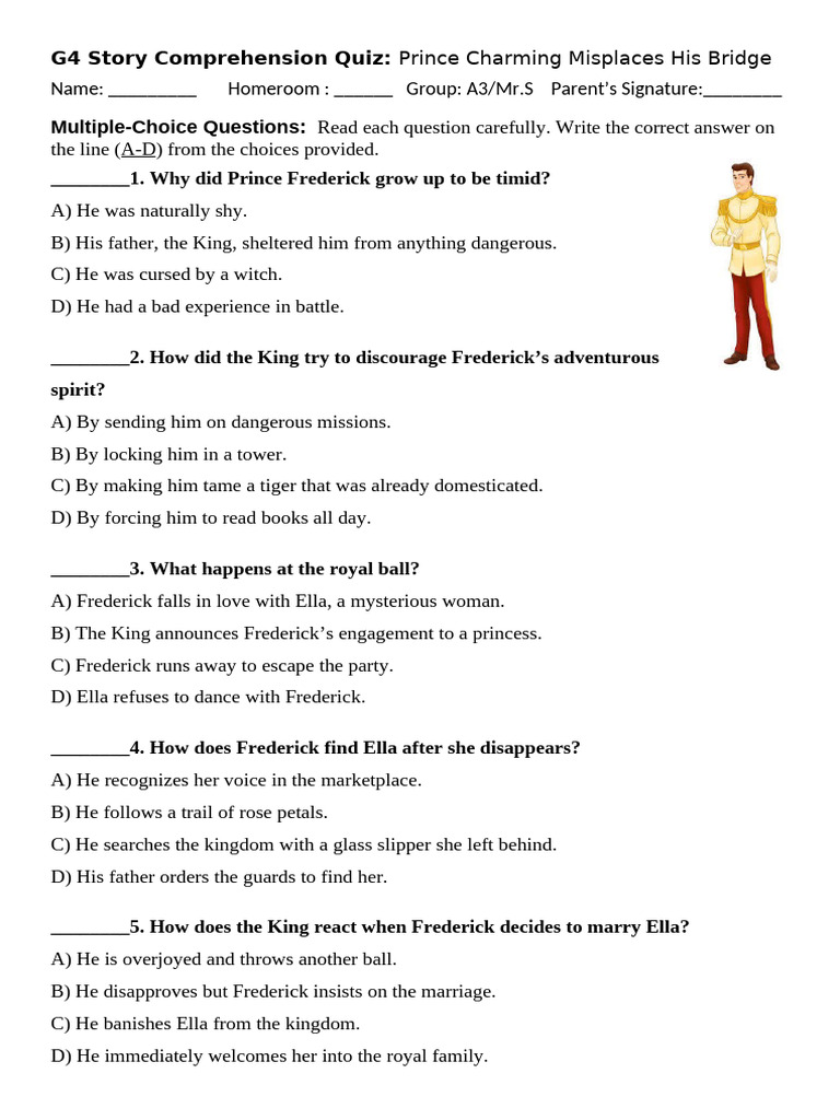 G4 Story Comprehension Quiz Prince Frederick and Ella | PDF ...