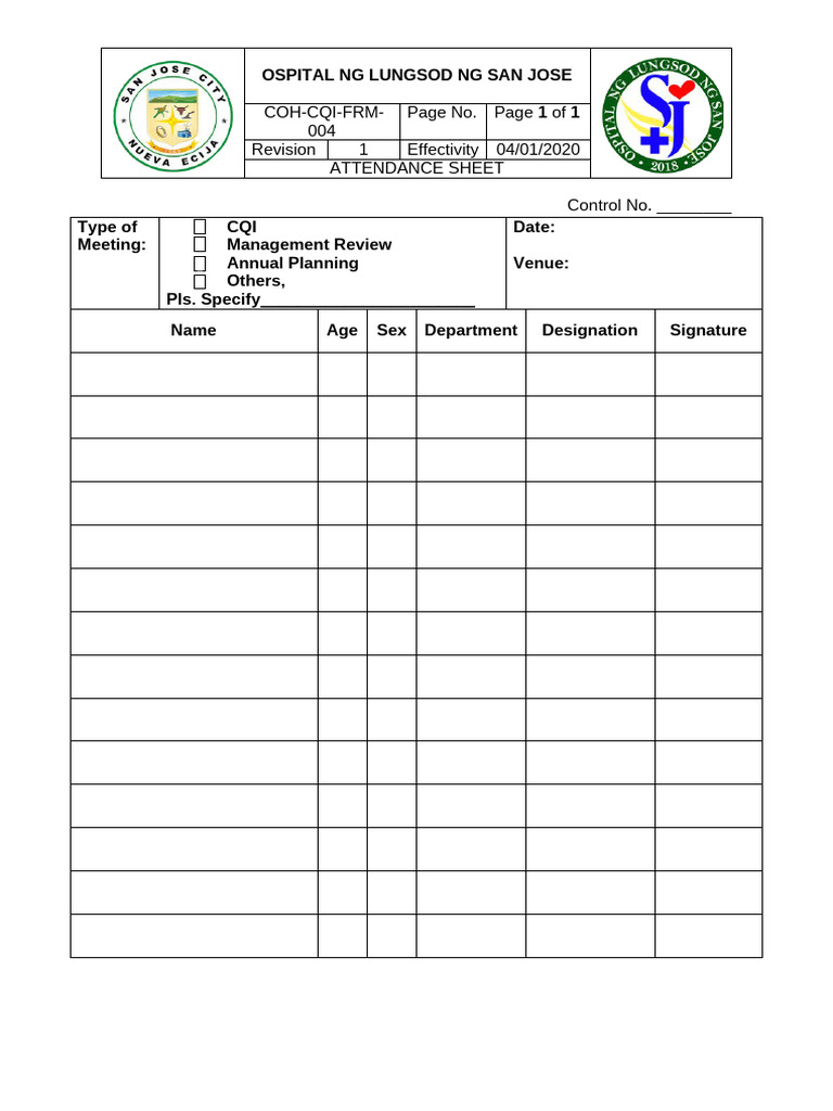 COH-CQI-FRM-004 (1)ATTENDANCE SHEET (1) | PDF