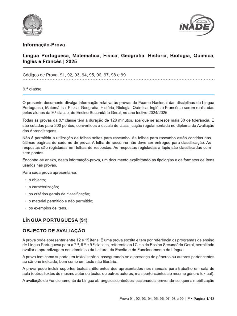 Matrizes Dos Exames Nacionais 9 Classe | PDF | Caixa alta e caixa baixa ...