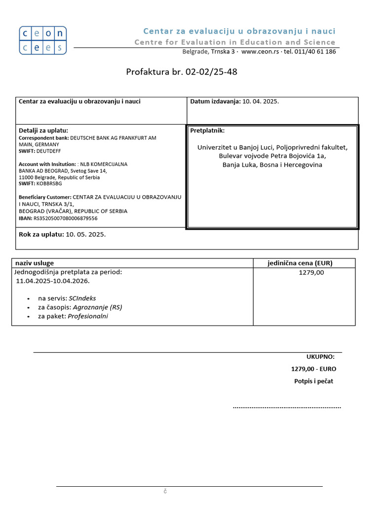 Profaktura BR.: Centar Za Evaluaciju U Obrazovanju I Nauci | PDF