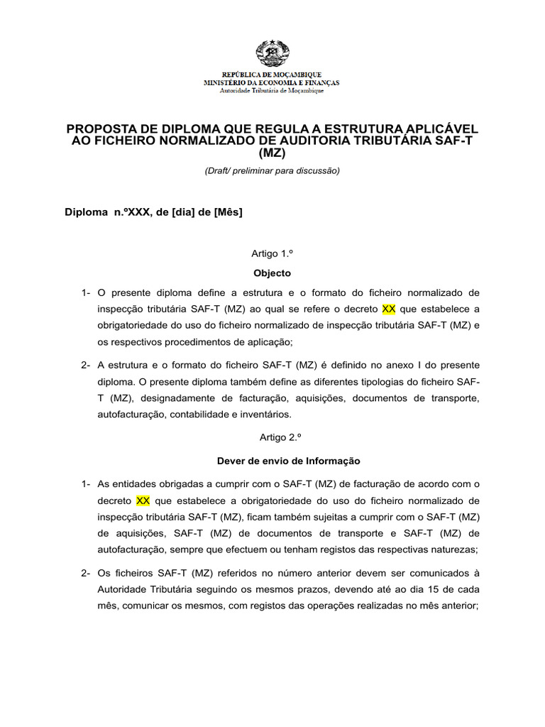 Proposta Diploma Estrutura SAF-T (MZ) | PDF | Contabilidade | Imposto sobre Valor Agregado (IVA)