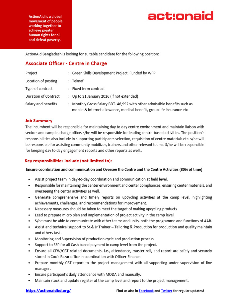 Associate Officer - Centre in Charge: Job Summary | PDF | Recruitment ...