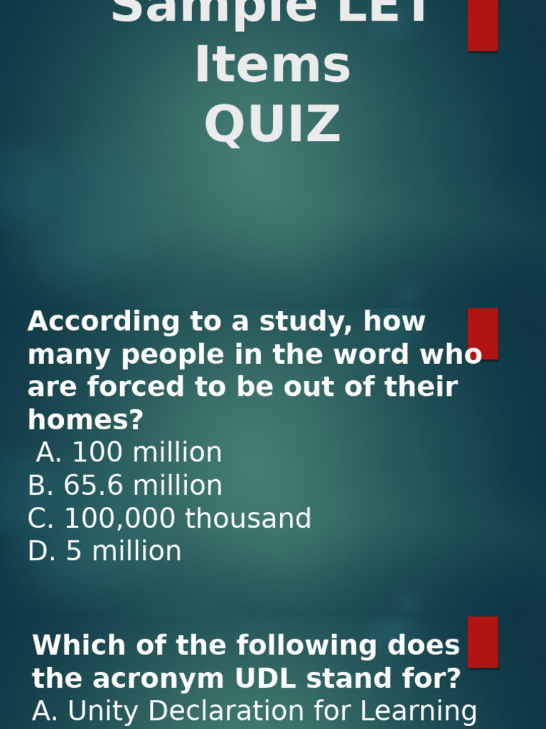 Sample LET Items Quiz | PDF | Inclusion (Education) | Language Development
